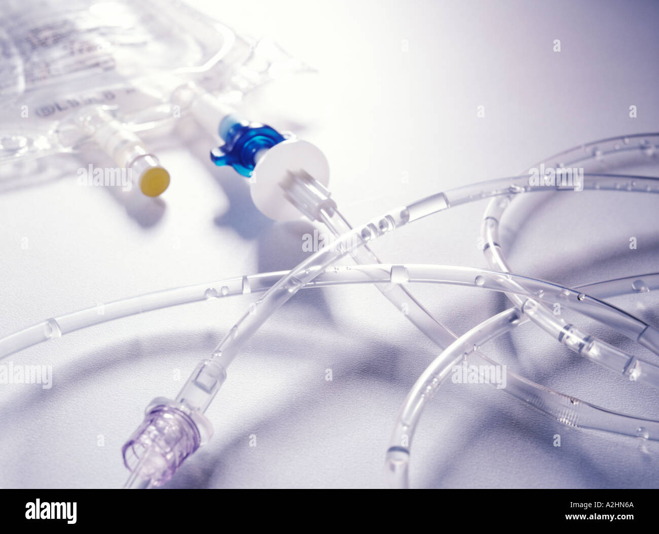 One IV Intravenous bag with saline clear liquid solution inside with ...