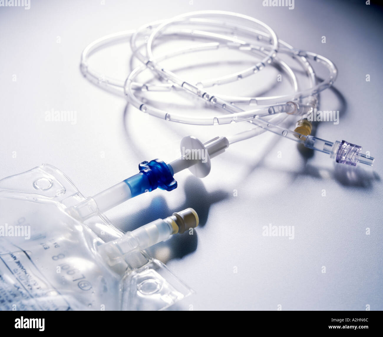 One IV Intravenous bag with saline clear liquid solution inside with ...