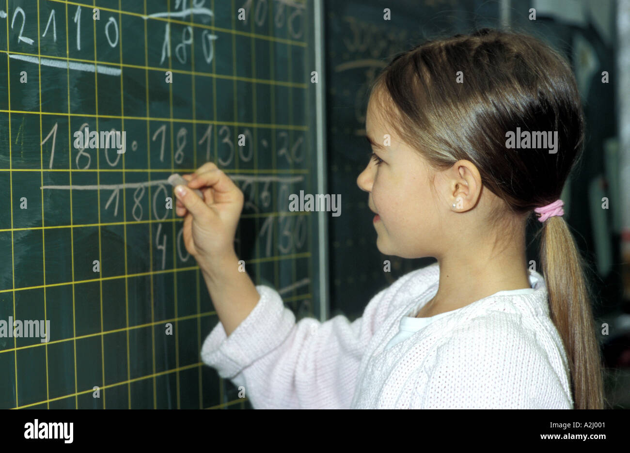 Girl writing on blackboard, portrait Stock Photo - Alamy