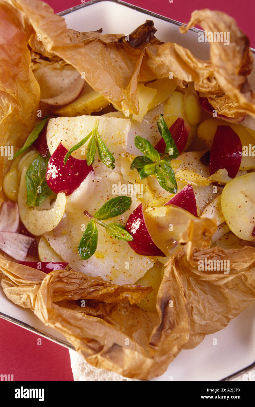 Orata with Potatoes on Mint Stock Photo - Alamy