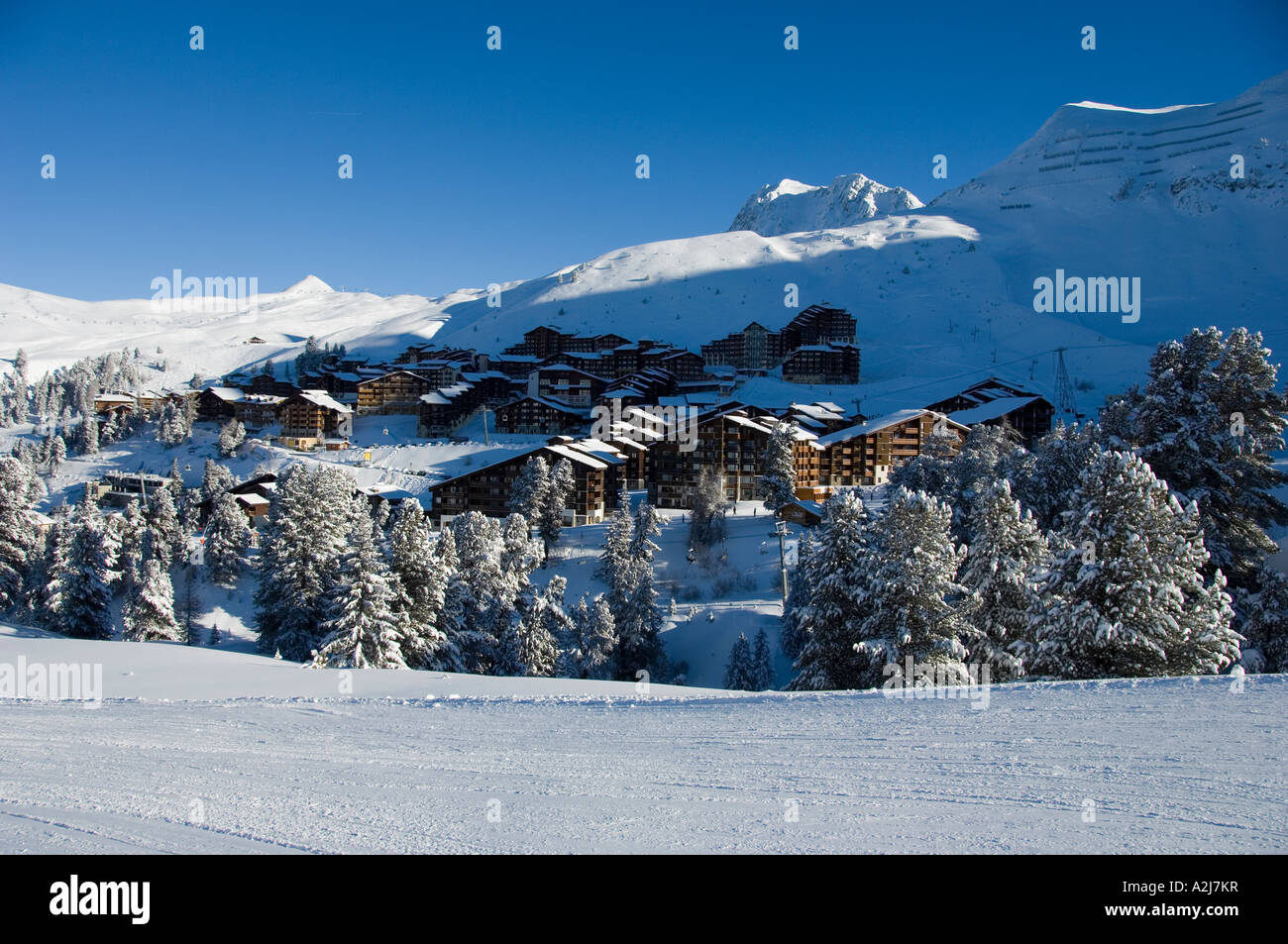 Alpine ski resort village of Belle Plagne in the French alps Stock ...