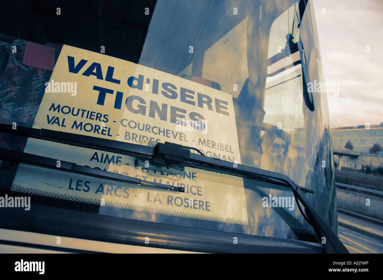 Route sign on windscreen of winter ski resort bus to Val D’Isere and ...