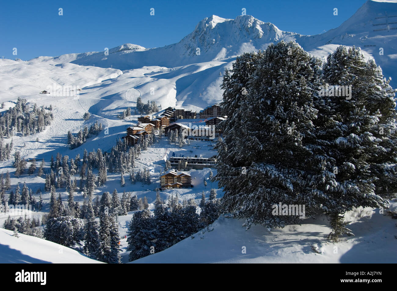 Winter landscape with trees and alpine village in the mountains Stock ...
