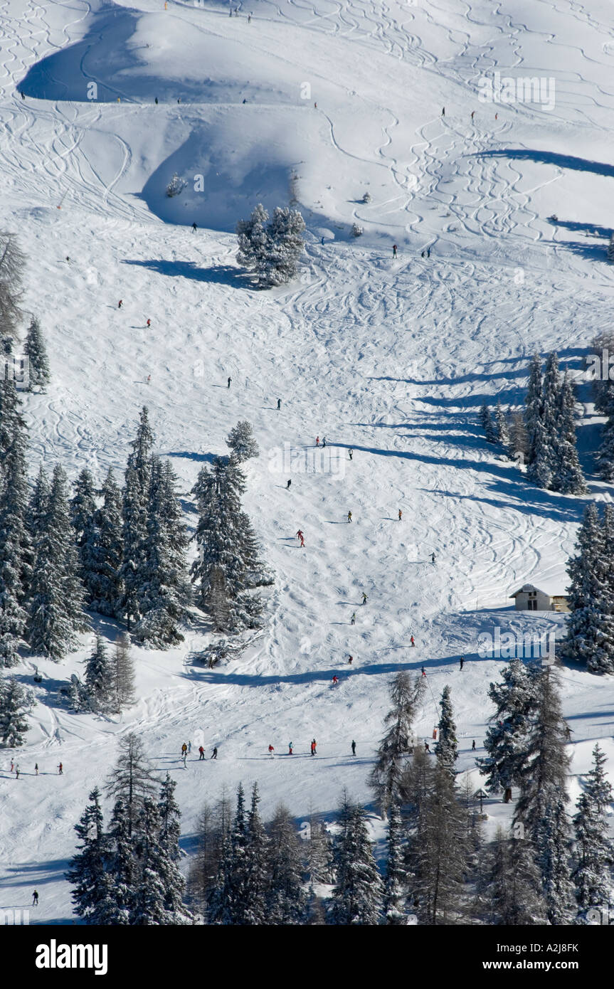 Skiers descending ski pistes through trees Stock Photo - Alamy