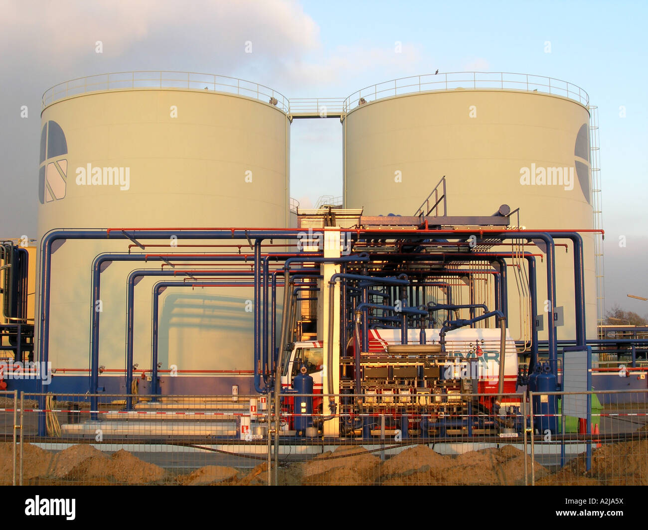 fuel depot with pipe lines and truck loading Stock Photo - Alamy