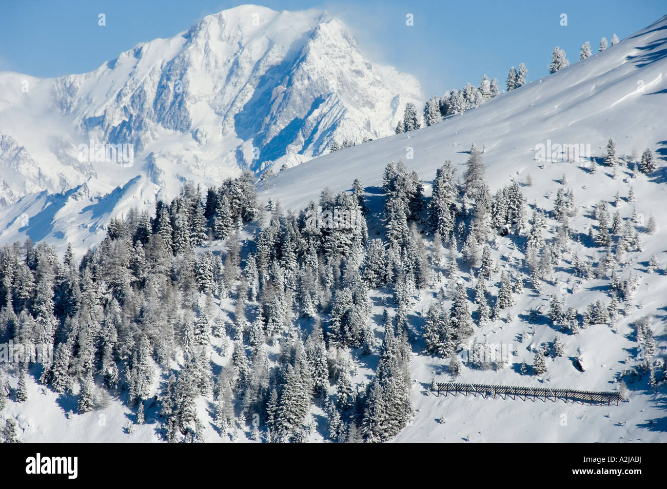Winter mountain scenic landscape with avalanche protection barrier and ...
