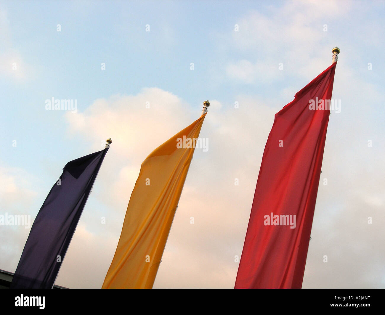Purple yellow and blue banners flying in the wind Stock Photo - Alamy
