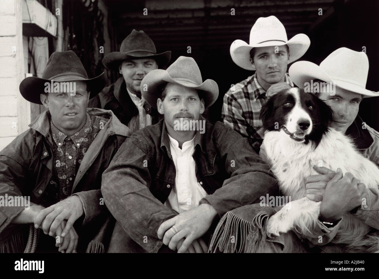 Portrait of five working cowboys and their ranch dog Stock Photo - Alamy
