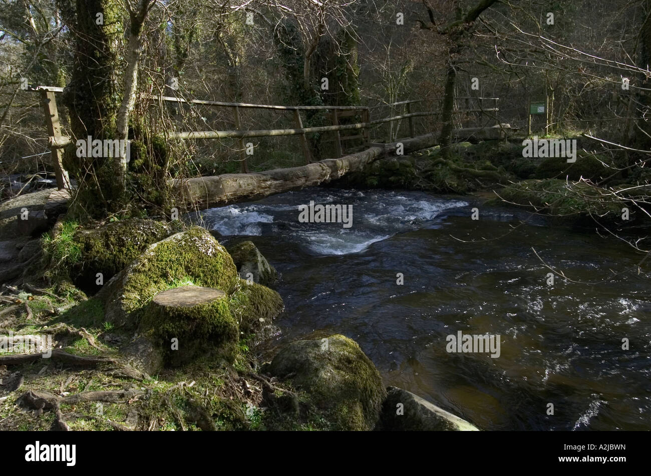 A wooden bridge over the River Bovey on a spring day in Hisley Wood ...