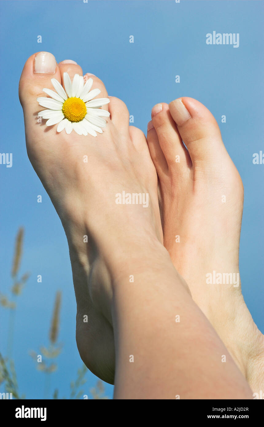 Woman barefoot with daisy flower between toes blue sky in background ...