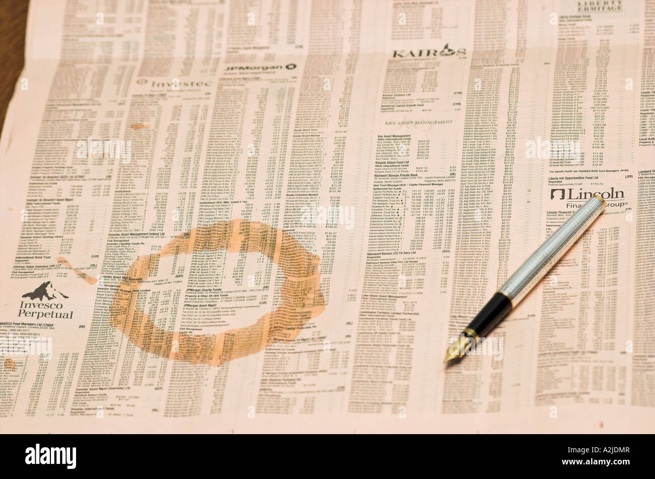 Coffee stain and fountain pen on financial newspaper Stock Photo - Alamy