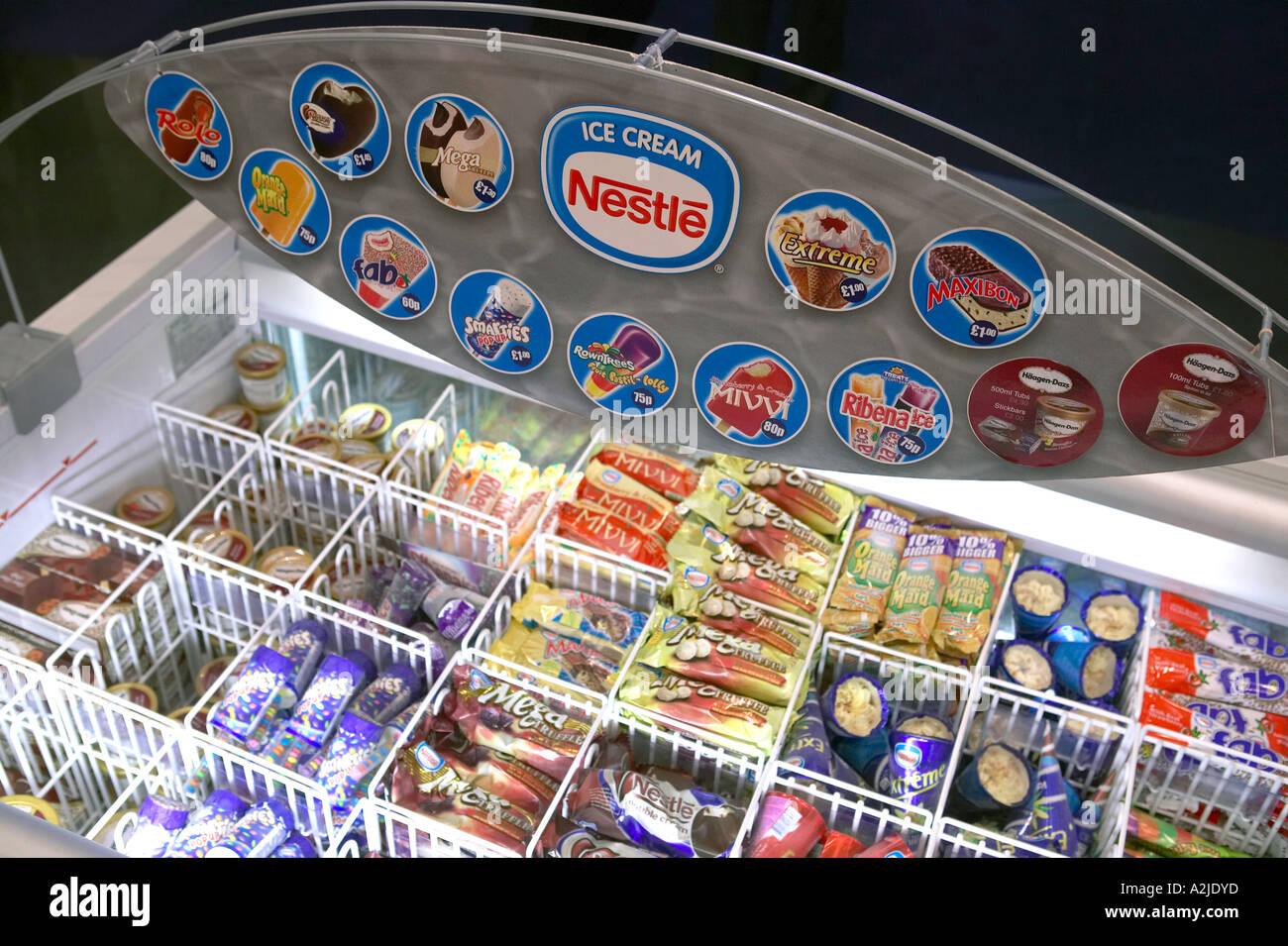 An ice cream and beverage display in the foyer of an urban cinema Stock ...