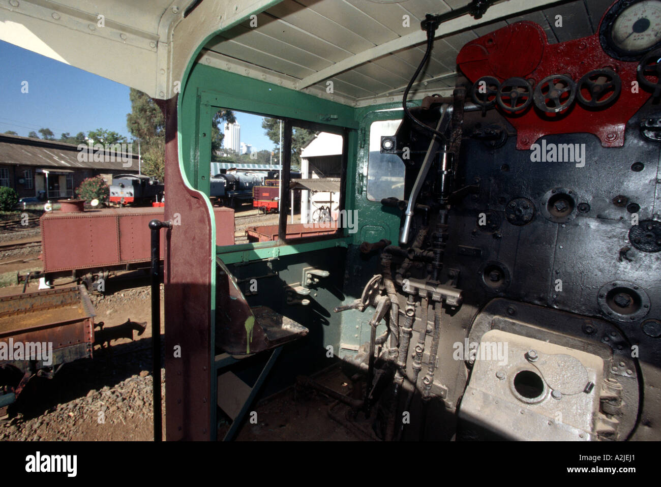 Kenya, Nairobi, cab interior of historic locomotive at the Kenya ...