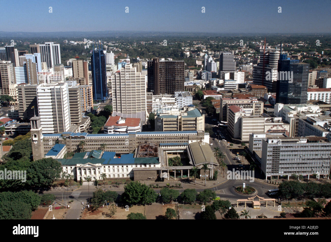 Kenya, Nairobi, aerial view of downtown with City Hall in foreground ...