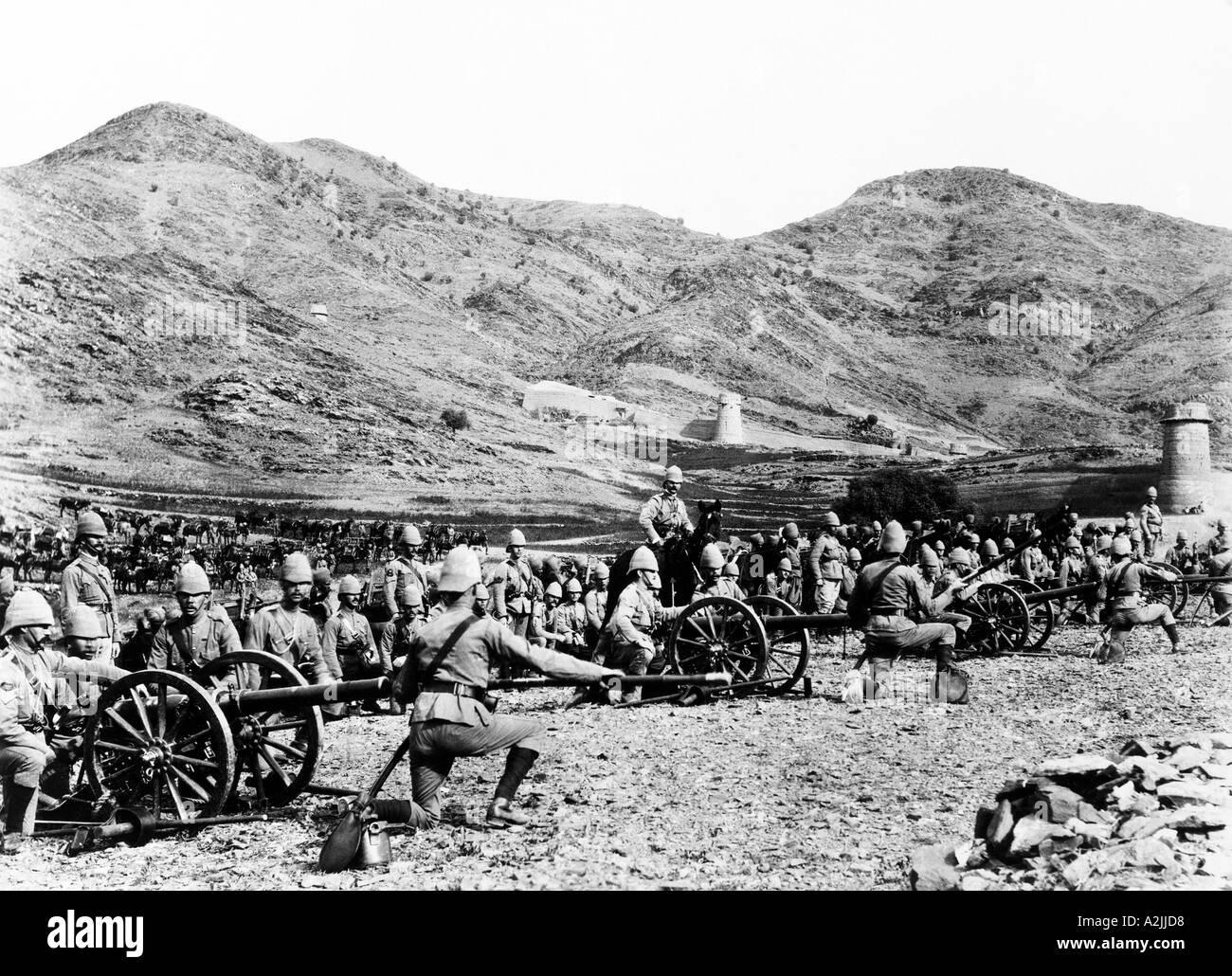 British Army field artillery in front of a hill fort in the Punjab ...