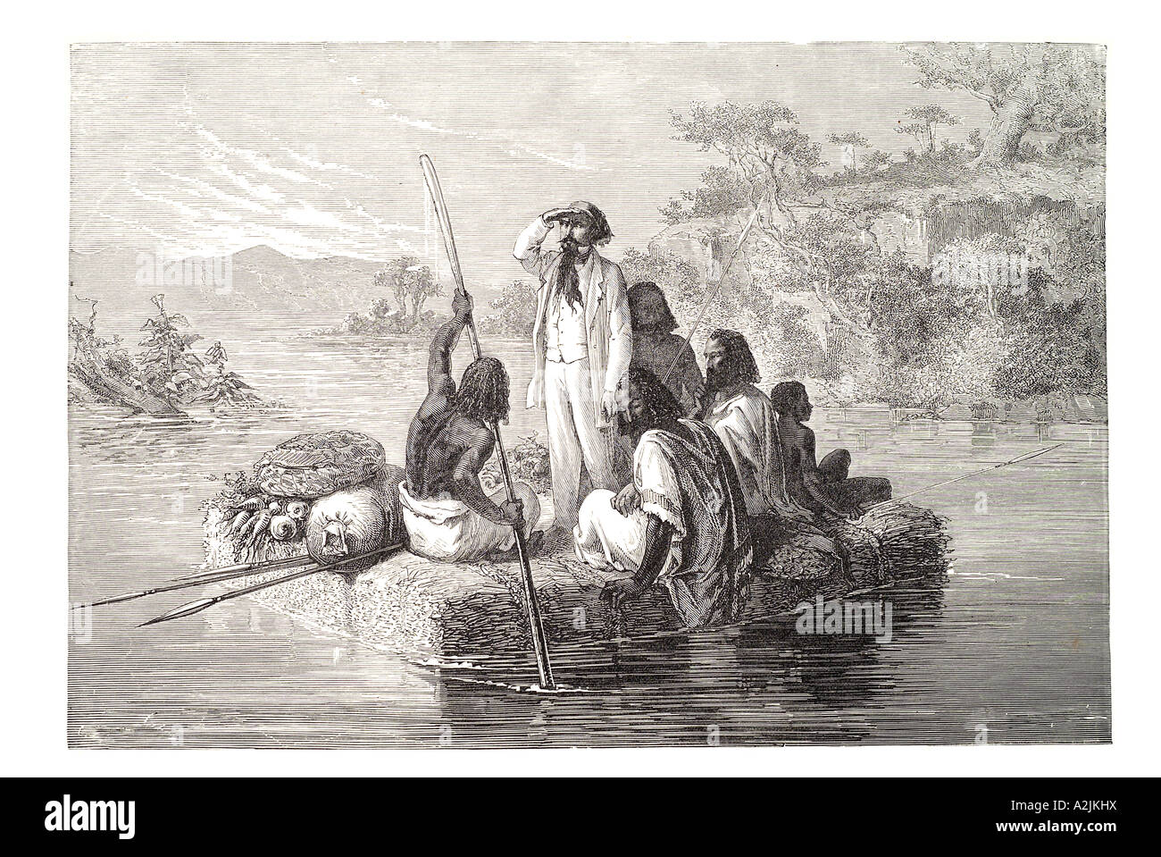 Abyssinia river Gashin crossing boat raft explorer Africa African punt ...