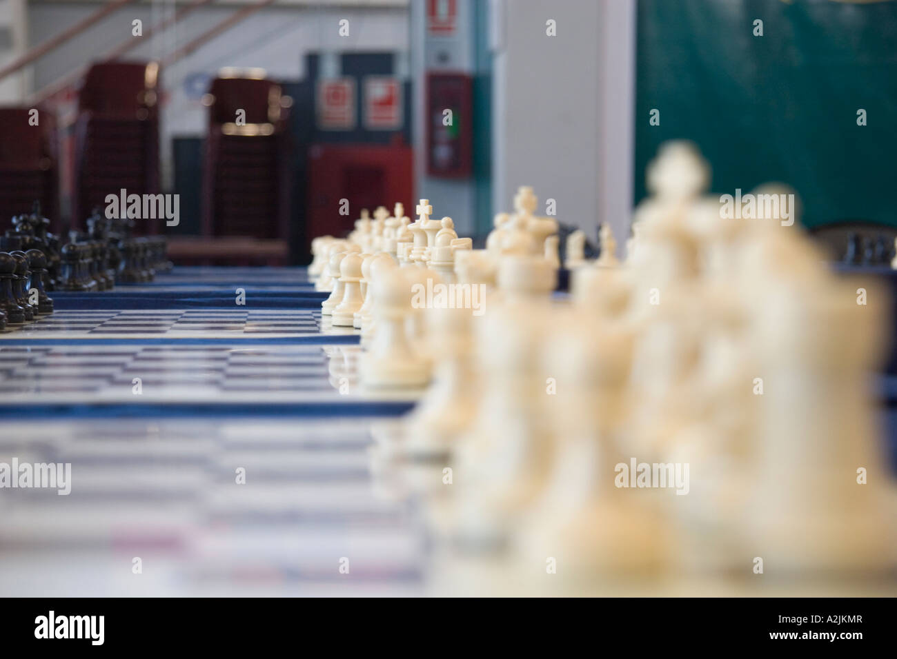 Chess Pieces lined up on several boards for a competition Stock Photo ...