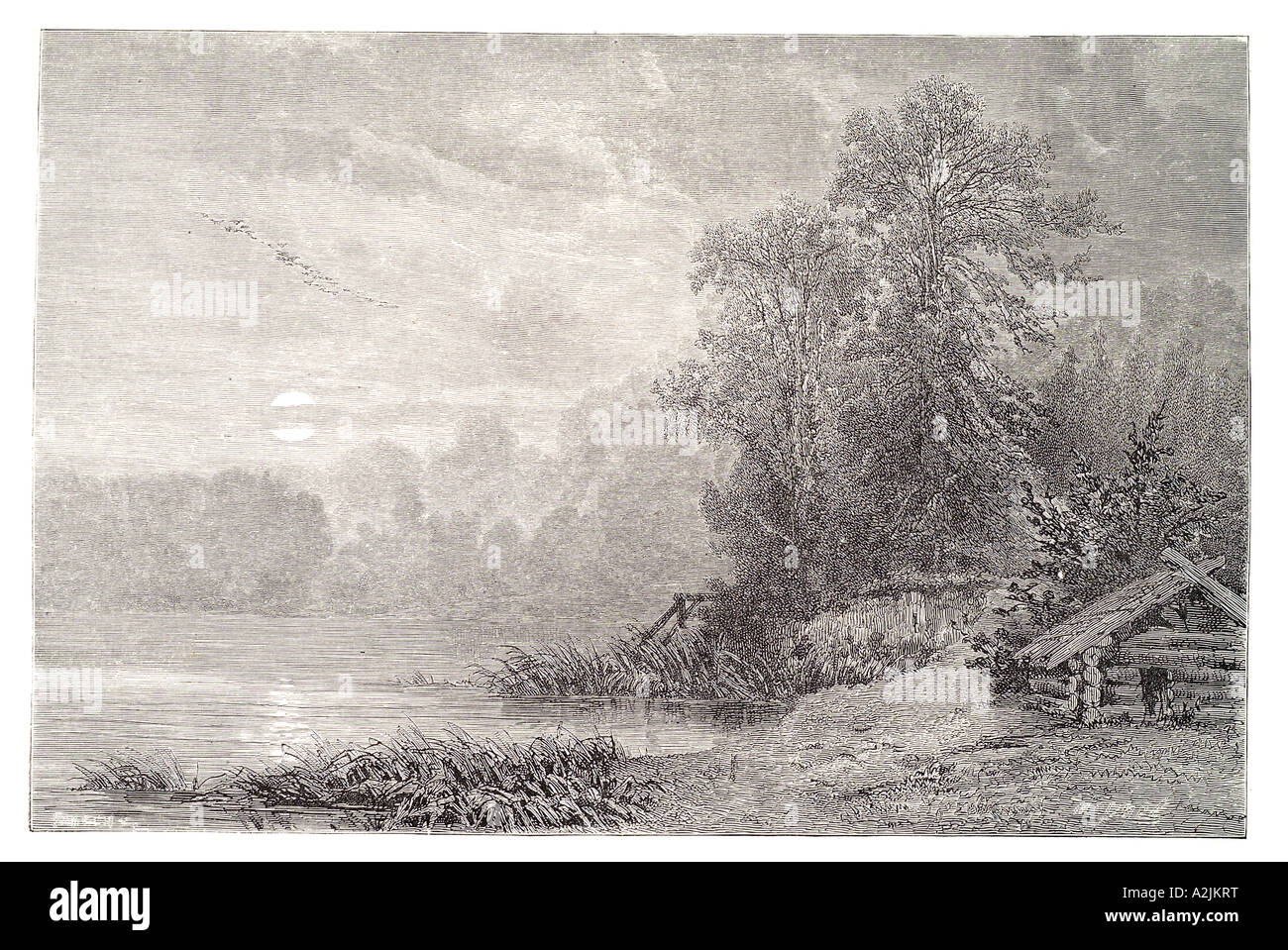 River Volga Russia Russian soviet union federation USSR log cabin bank ...