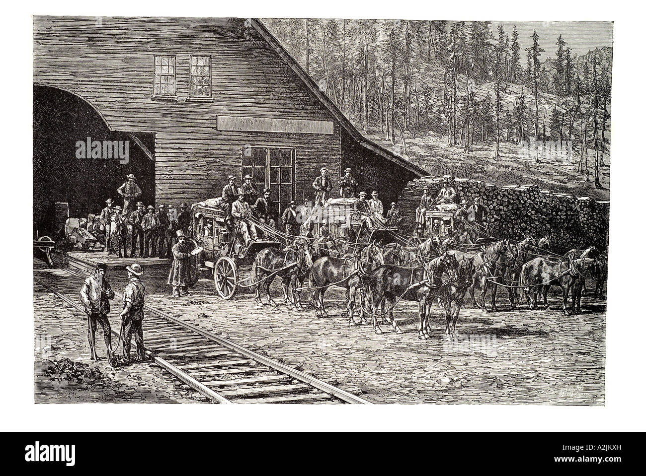 North American America settler pioneer USA frontier rail terminus horse ...