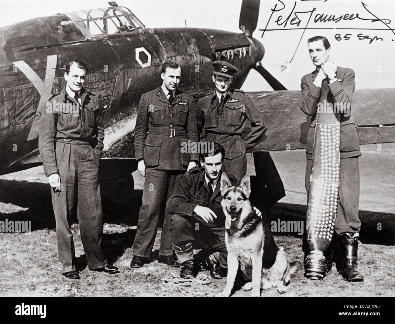 PETER TOWNSEND kneeling and members of 85 Squadron with a Hurricane ...