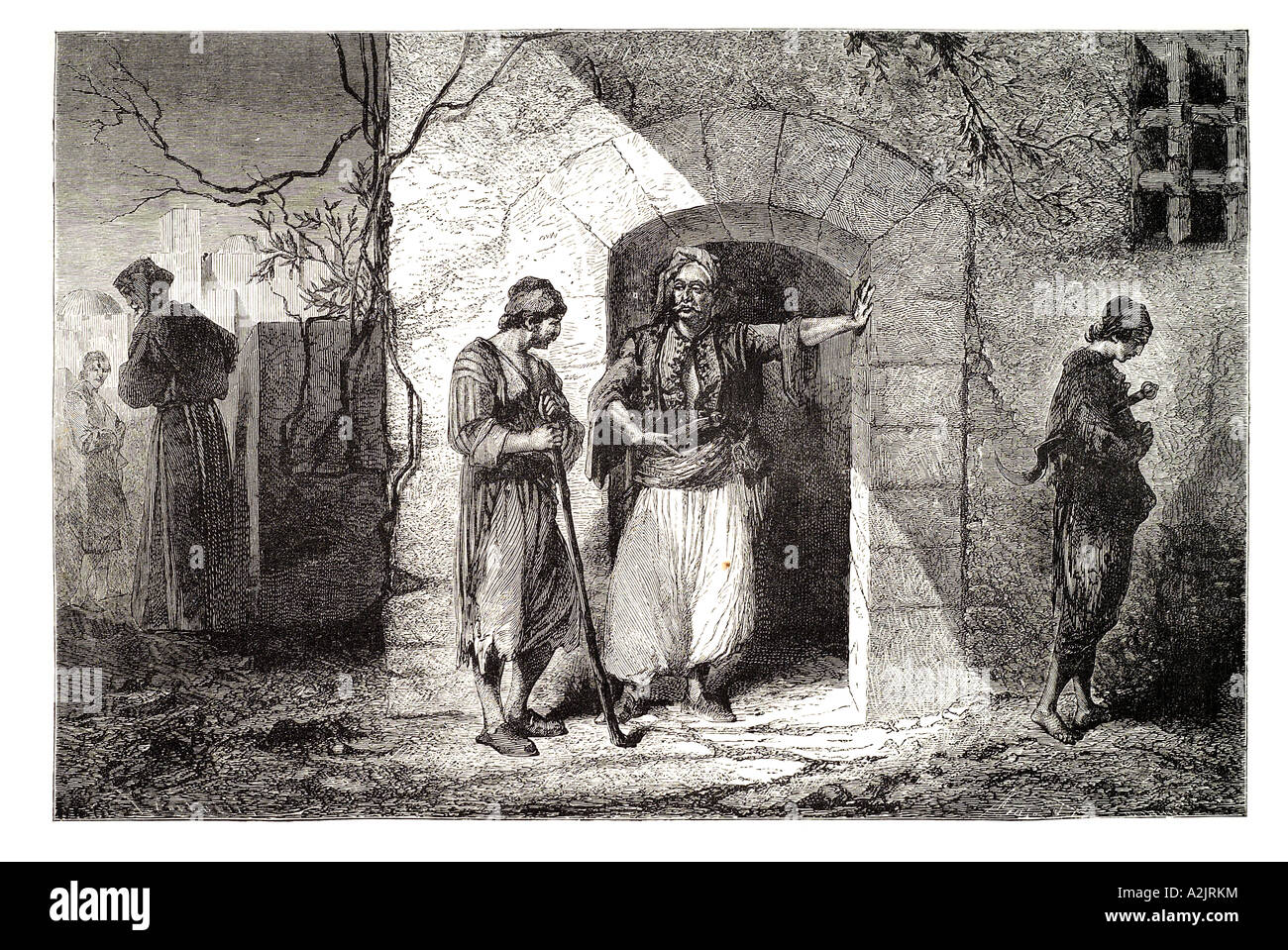 Syria Damascus middle east eastern stand men doorway national dress ...