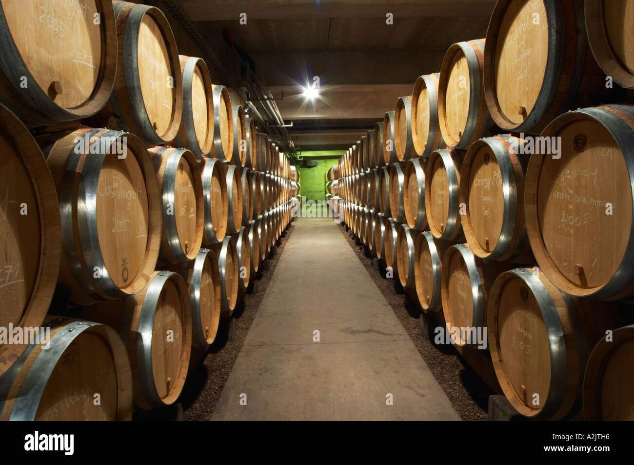 The modern barrel aging cellar with barriques pieces with maturing wine ...