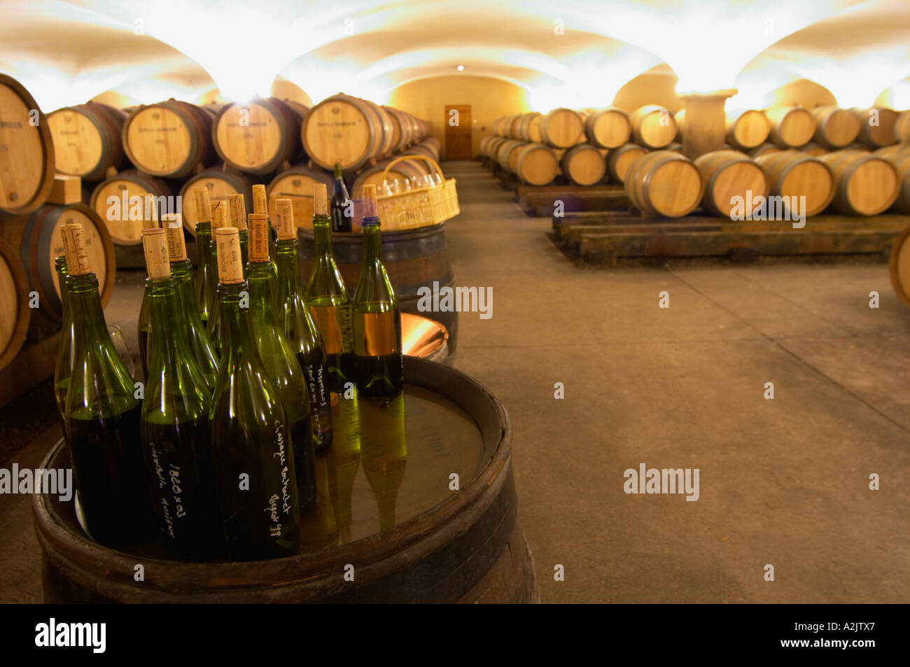 The old style vaulted barrel aging cellar with barriques pieces with ...