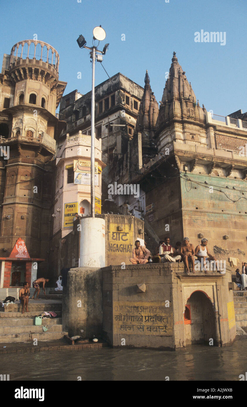 India, Varanasi, incredible architecture seen from the river Ganges ...