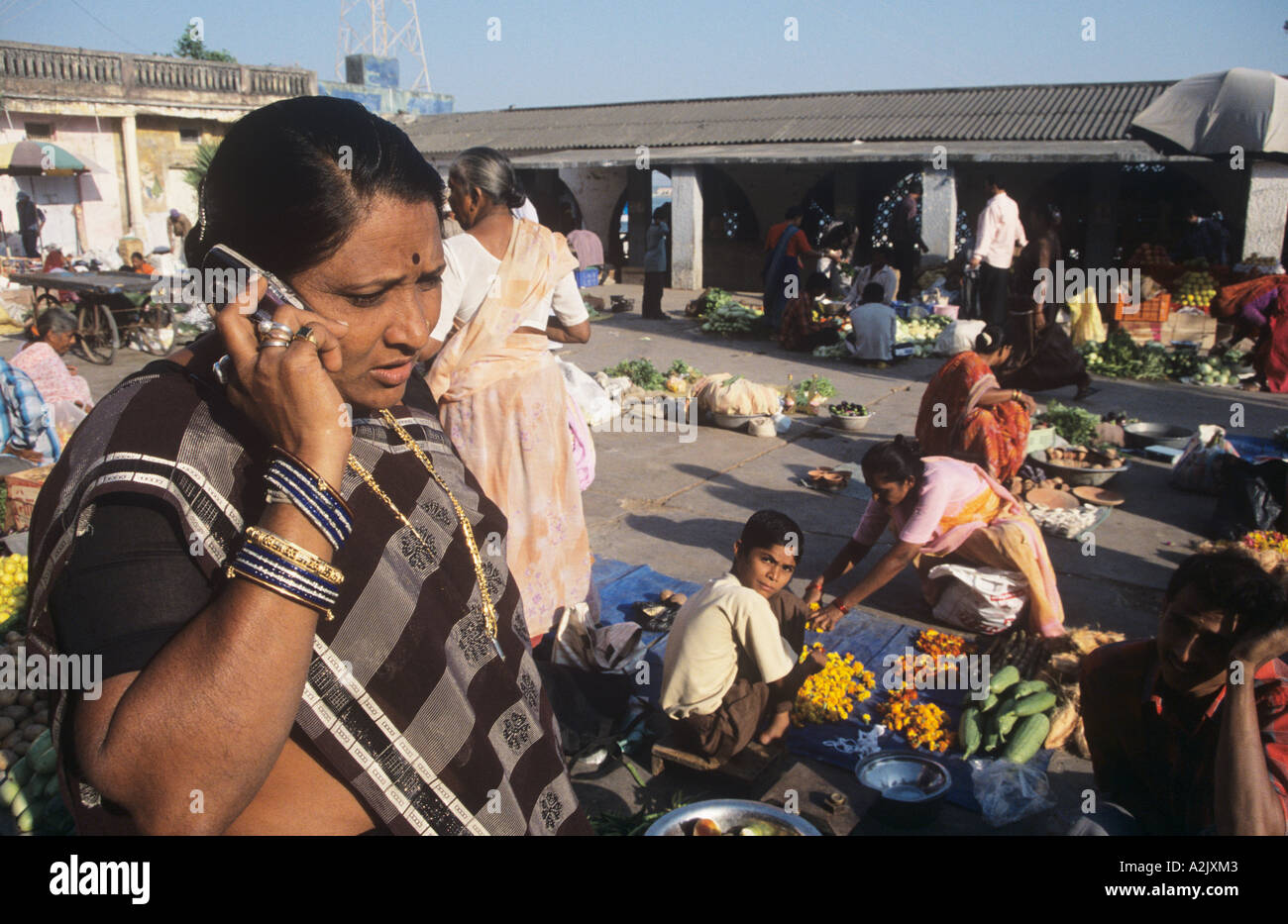 India, Diu, traditionally dressed woman on her mobile phone Stock Photo ...