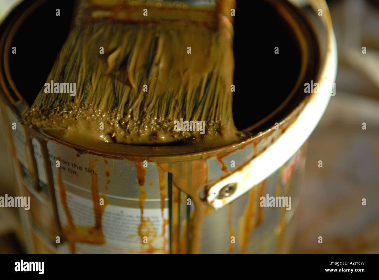 Wood stain on Paint Brush And Can Stock Photo - Alamy