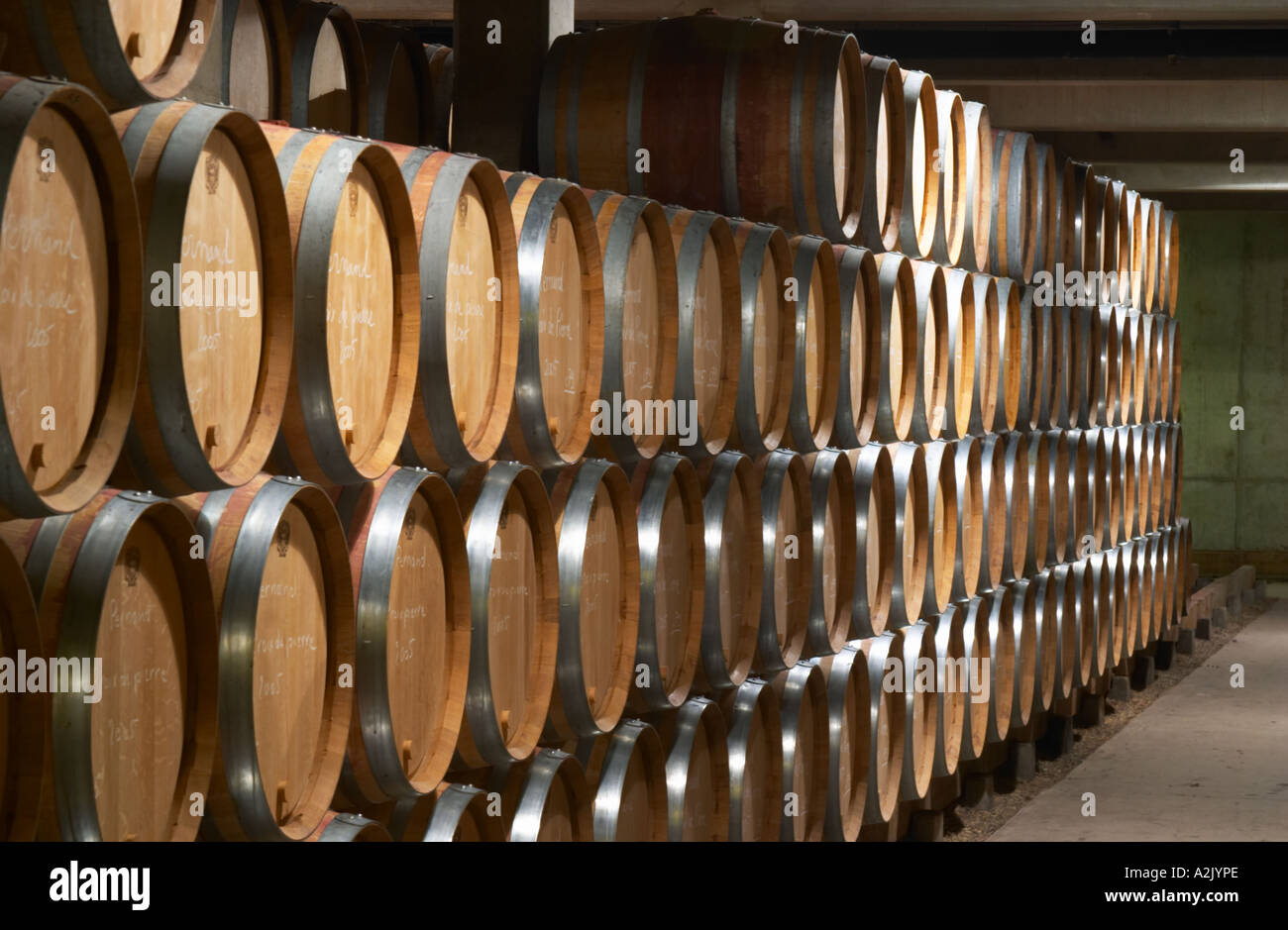 The modern barrel aging cellar with barriques pieces with maturing wine ...