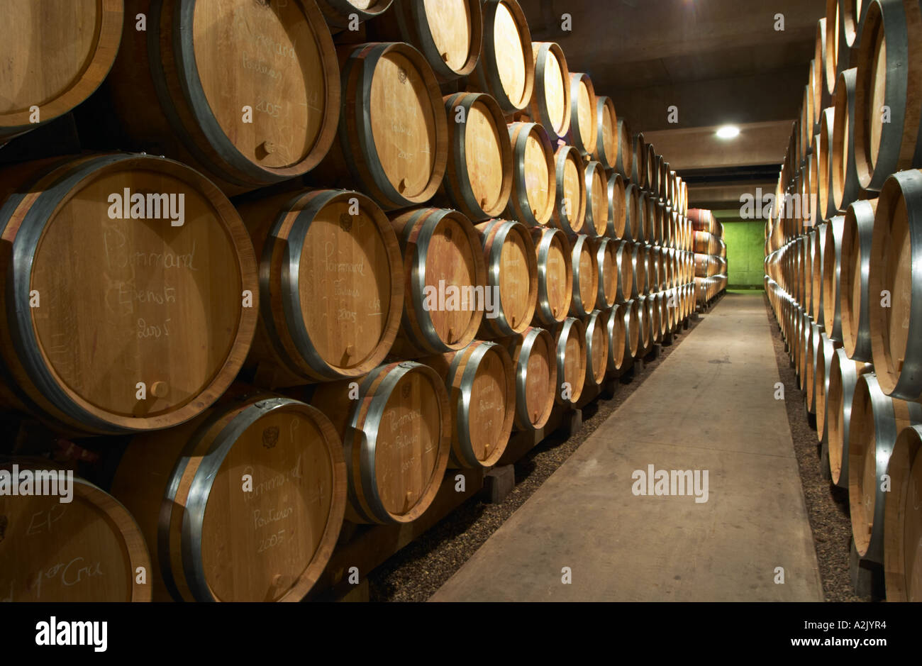 The modern barrel aging cellar with barriques pieces with maturing wine ...