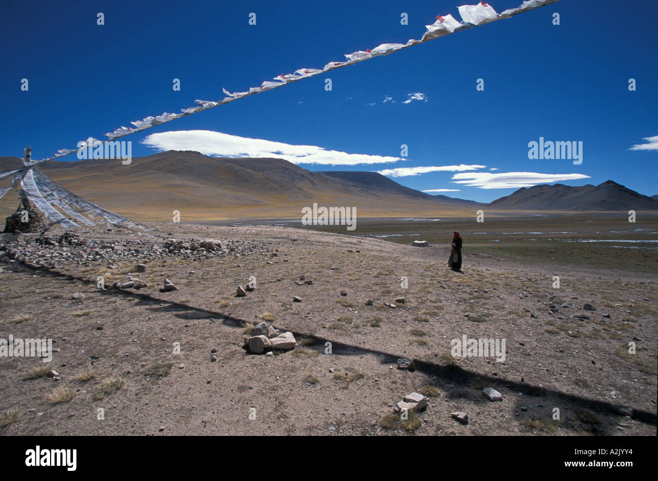 Tibet- Pilgrim approaching a high pass on the plateau signified by ...
