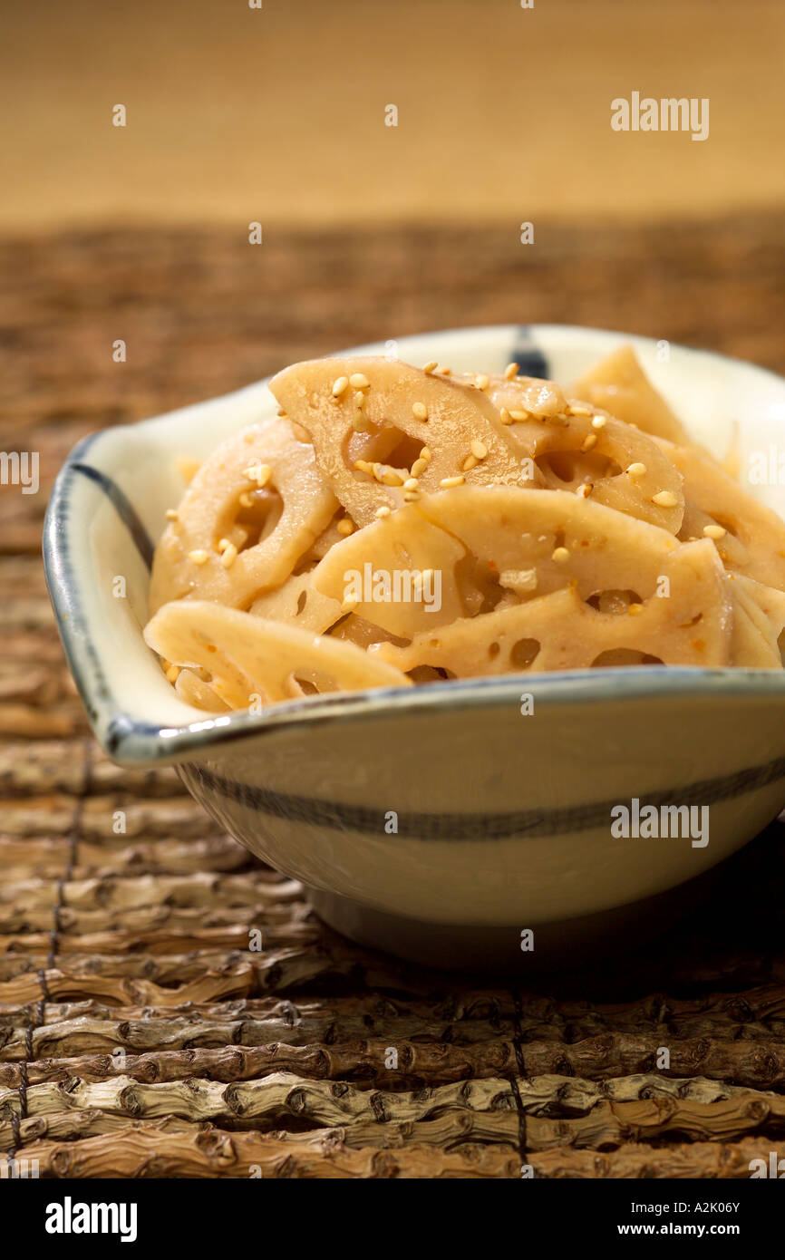 Japanese Renkon Kinpira Lotus root in a soya based dressing Stock Photo ...