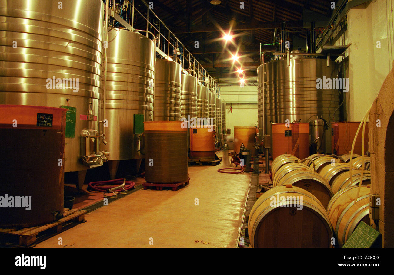 The vat room with stainless steel and epoxy tanks and wooden barrels ...