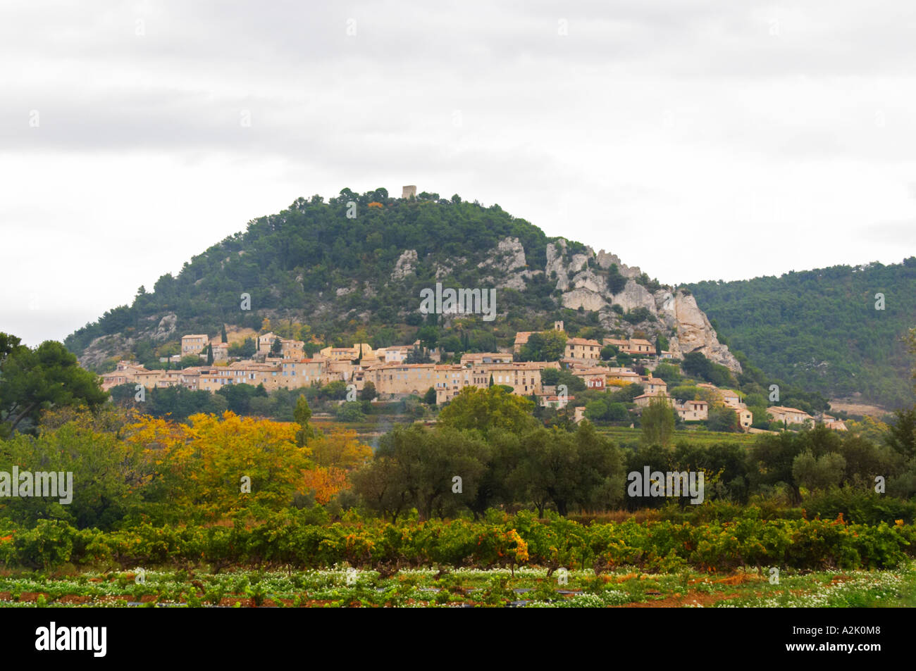 The Seguret village clinging to the hillside, viewed over a vineyard ...