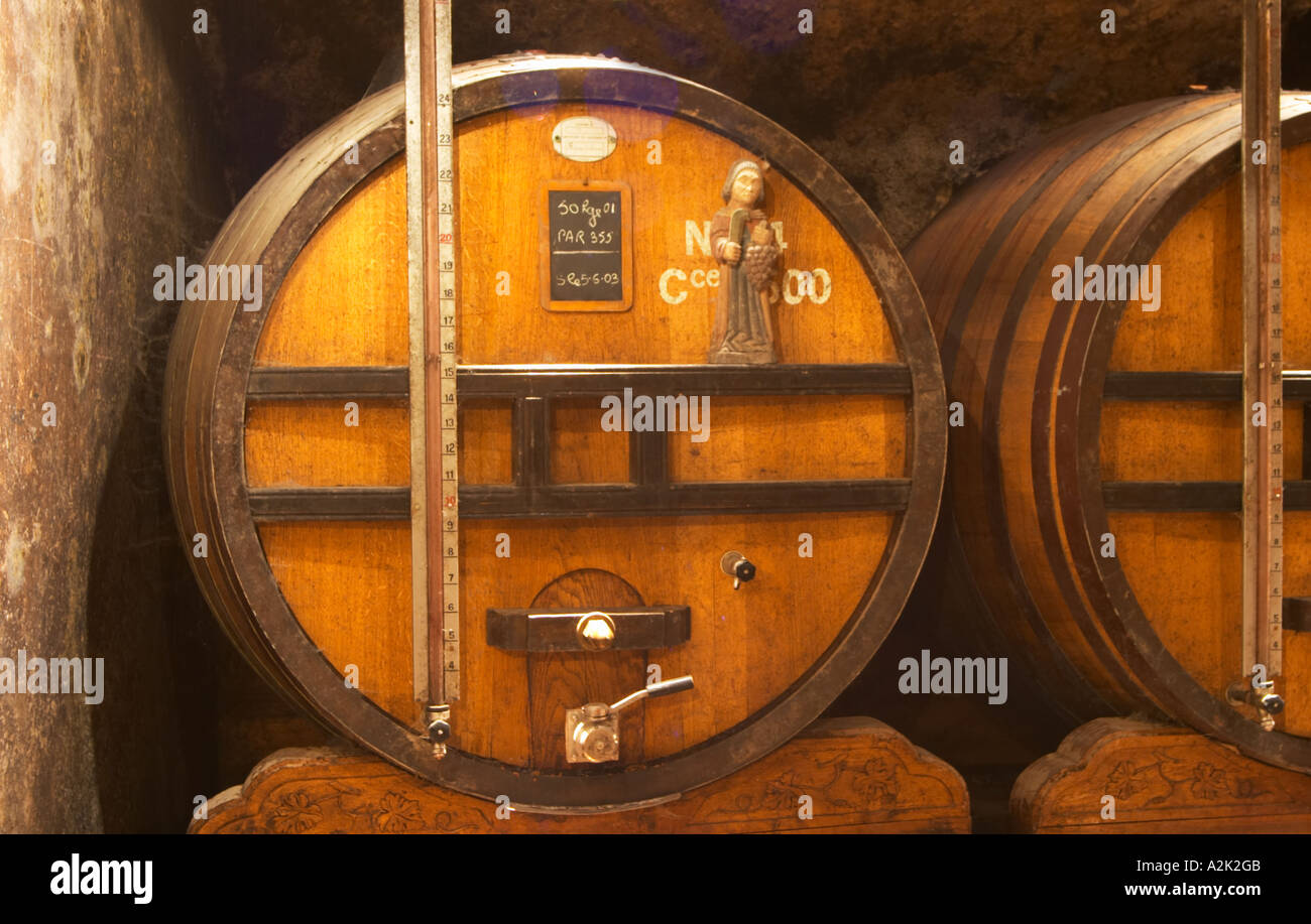 Wooden vats with aging wine in the cellar of Guigal in Ampuis. A ...