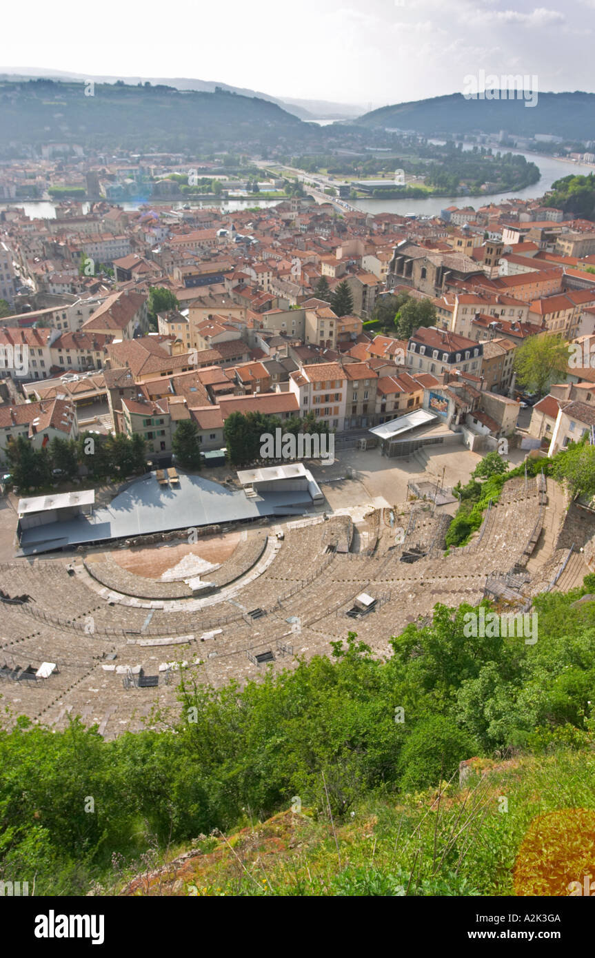 A view from above of the roman theatre amphitheatre in Vienne. The town ...