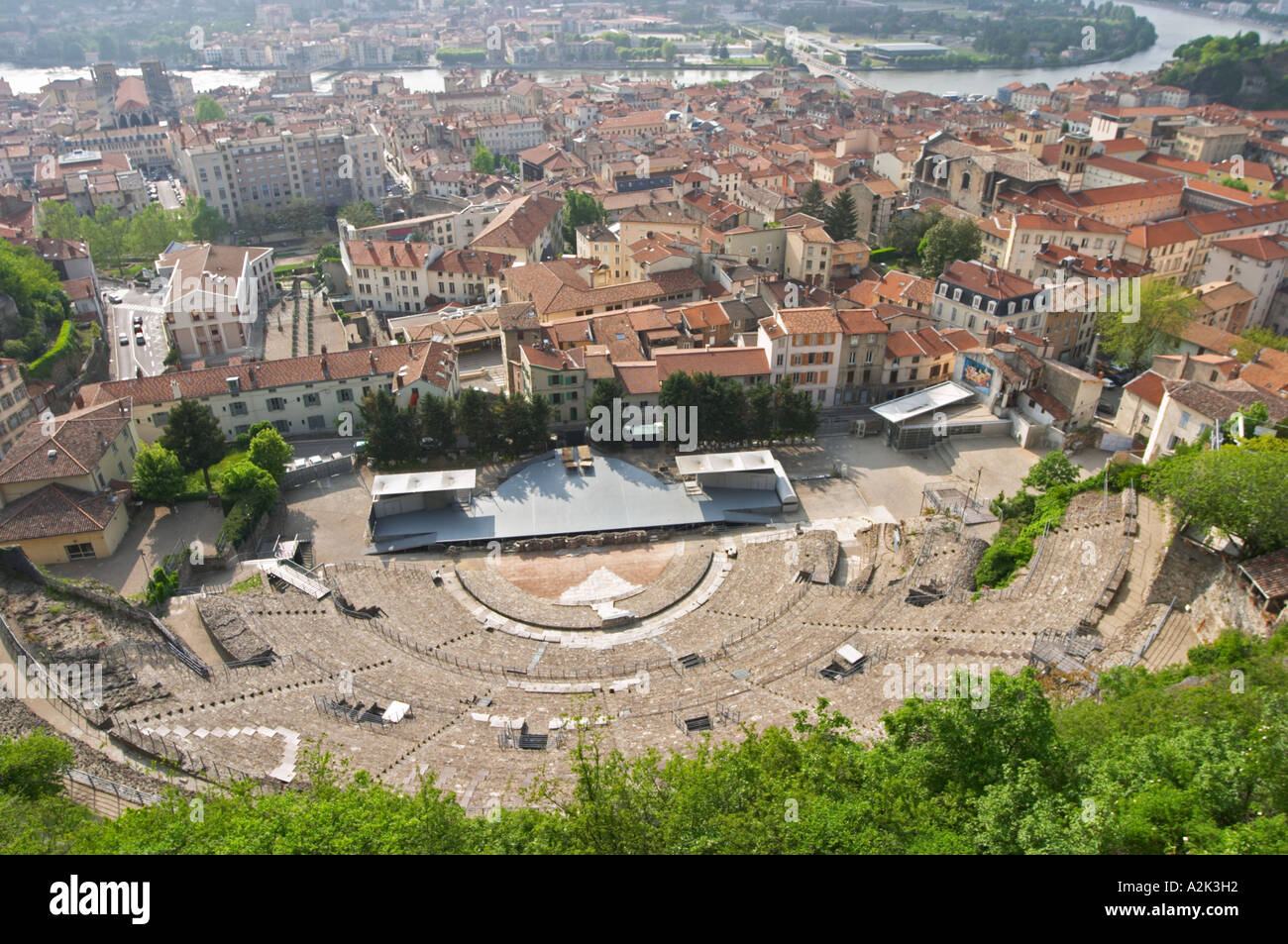 A view from above of the roman theatre amphitheatre in Vienne. The town ...