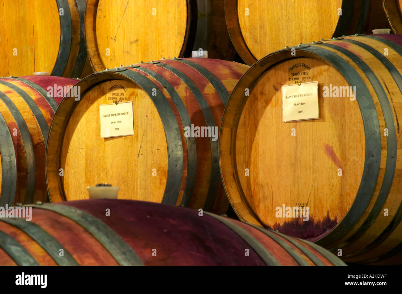 Oak barrels for aging wine in the wine cellar. Saint Joseph rouge red ...