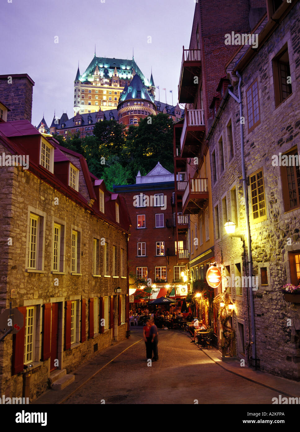 North America, Canada, Quebec, Old Quebec City, Basse Ville at night ...