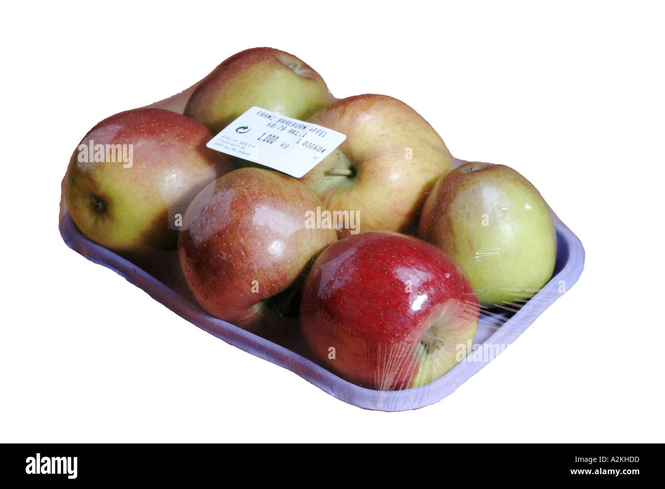 Supermarket apples packed with foil and label Stock Photo - Alamy