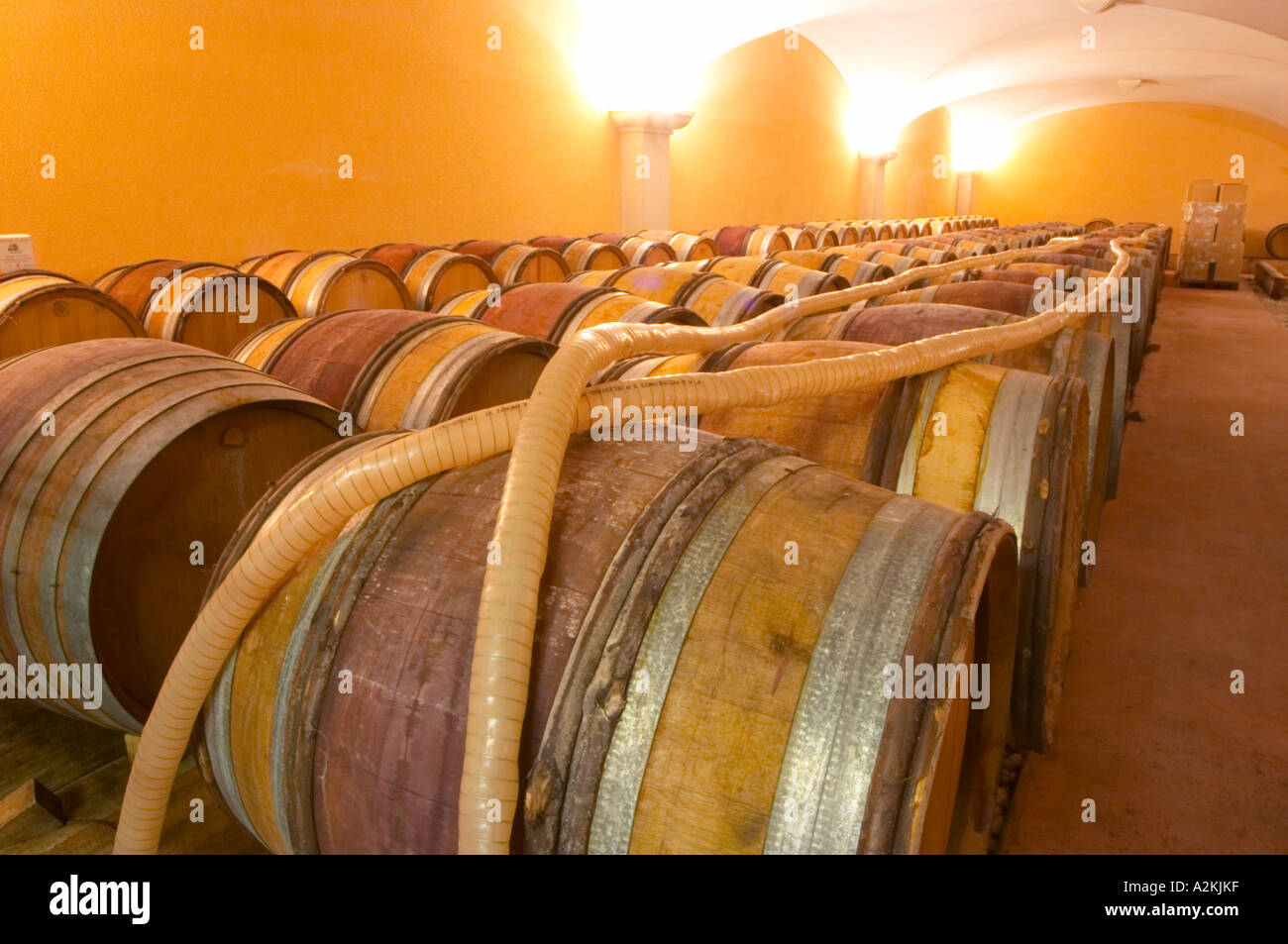 the barrel aging cellars with vaulted ceiling.. Pipes for pumping wine ...