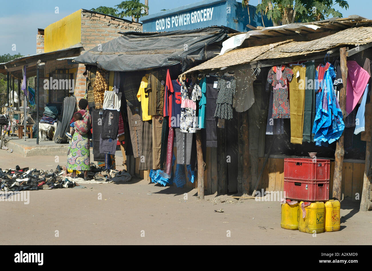 african market booth with shoes and clothes Stock Photo - Alamy