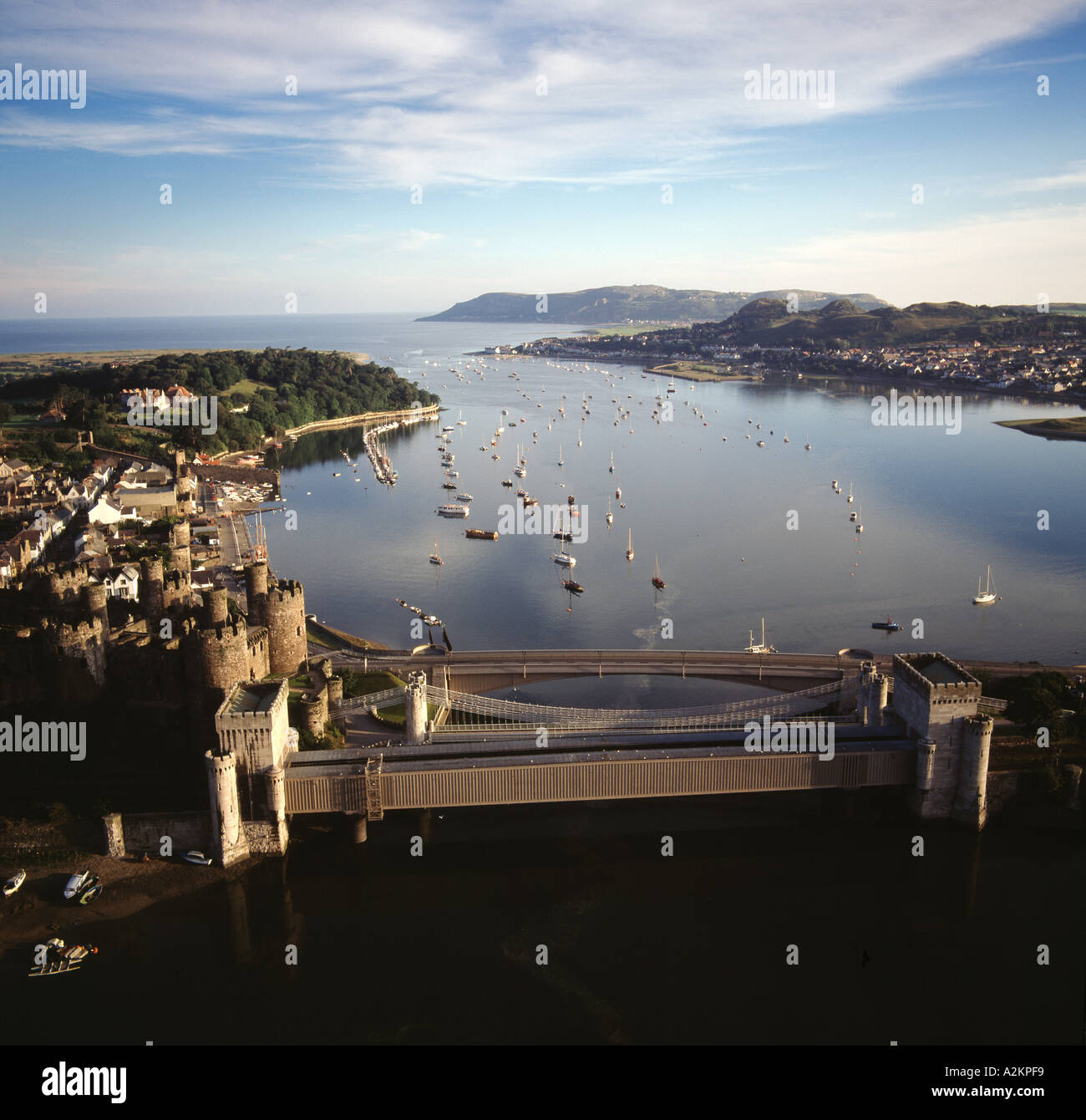 Aerial view of Conwy Castle and estuary Wales Stock Photo - Alamy
