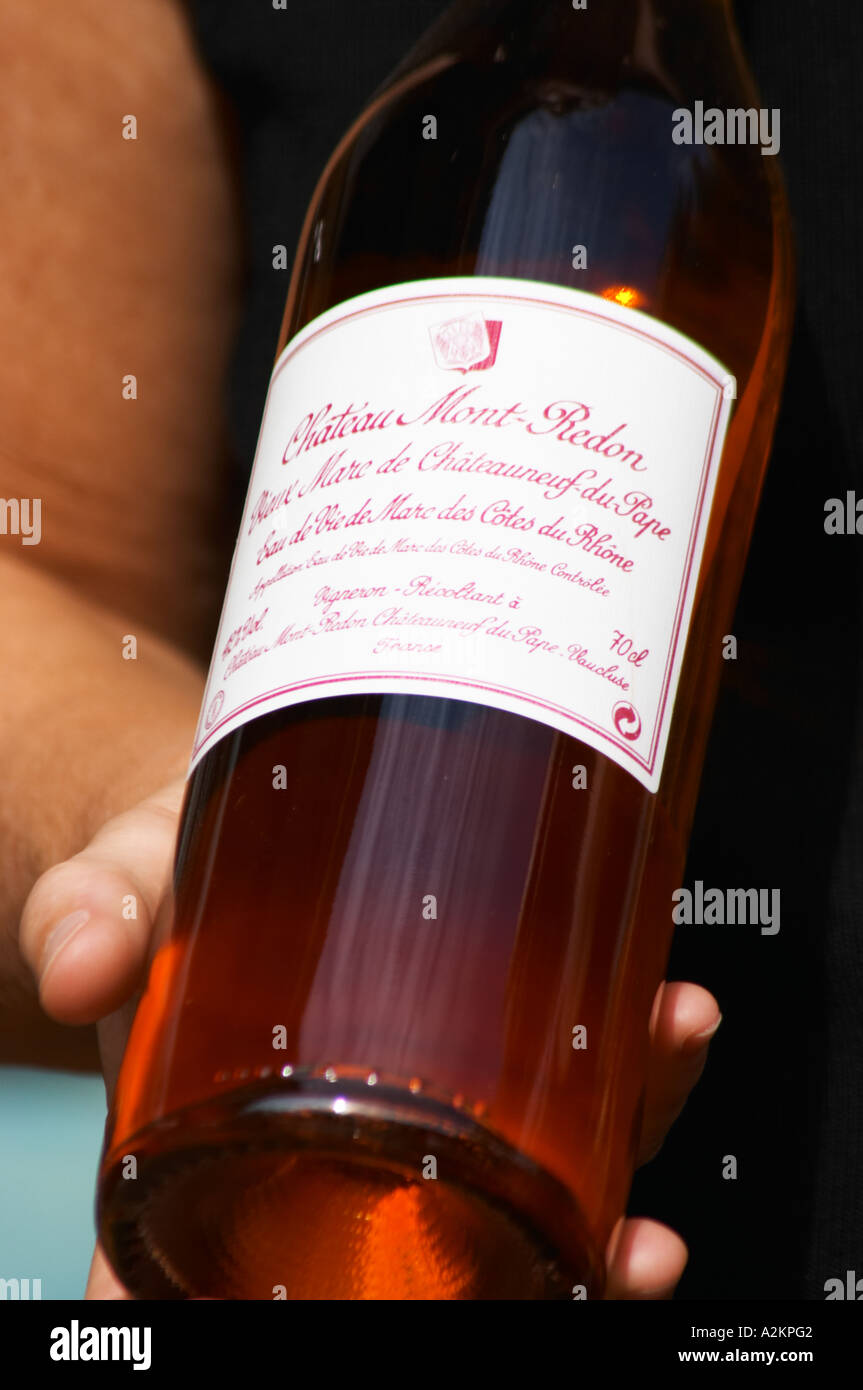 A bottle of Chateau Mont Redon Vieux Marc de Chateauneuf, eau de vie de ...