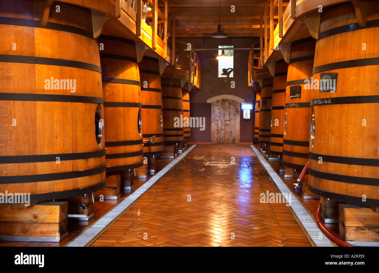 The winery with large wooden fermentation vats. Chateau de Beaucastel ...