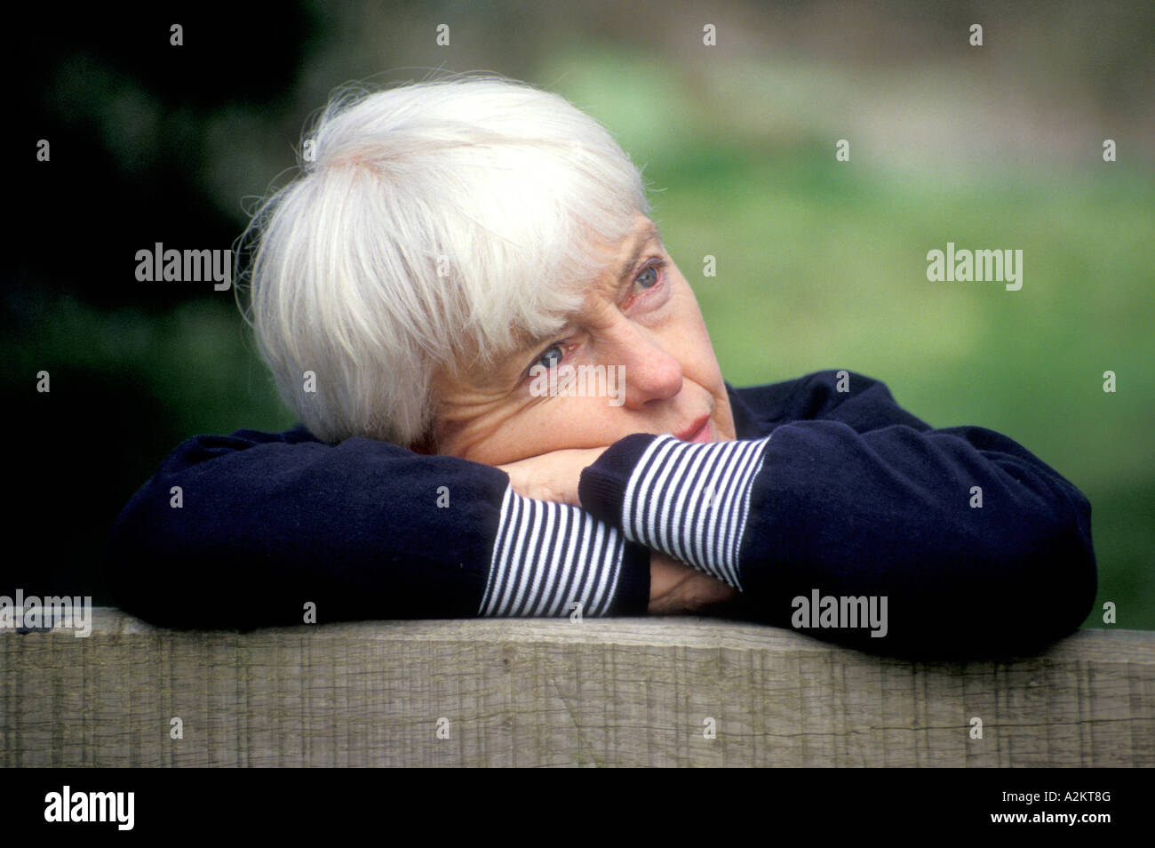 sad looking mature white haired woman leaning over edge of gate Stock ...