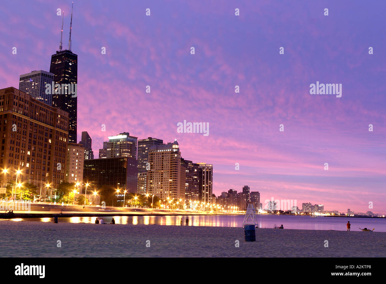 Chicago skyline at dusk from Lake Michigan shoreline Chicago Cook ...