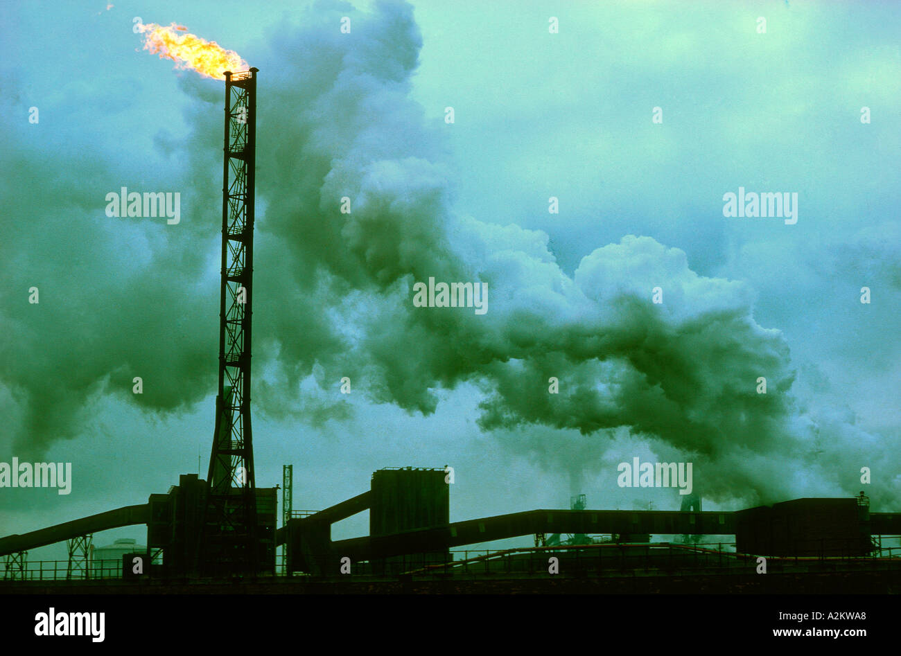 Smoking chimenys casuing air pollution from steel works 1984 Port ...